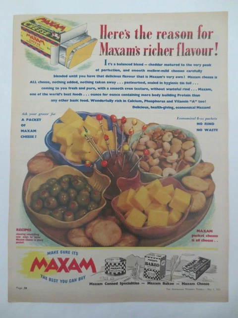 VINTAGE AUSTRALIAN ADVERTISING 1951 ad MAXAM CHEESE party platter art ...