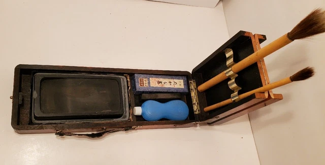 VINTAGE SUZURI BAKO Calligraphy Shodo Set Painting Wooden Case Japan ...