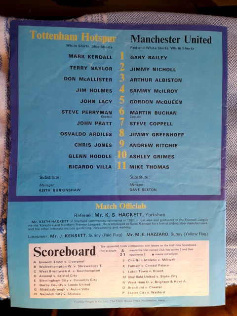 TOTTENHAM HOTSPUR VS Manchester United Football Programme 10th March ...