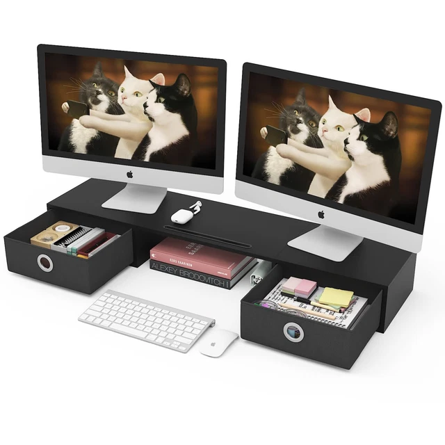 DUAL MONITOR STAND Riser with Two Drawers, Extra Large Storage Monitor ...