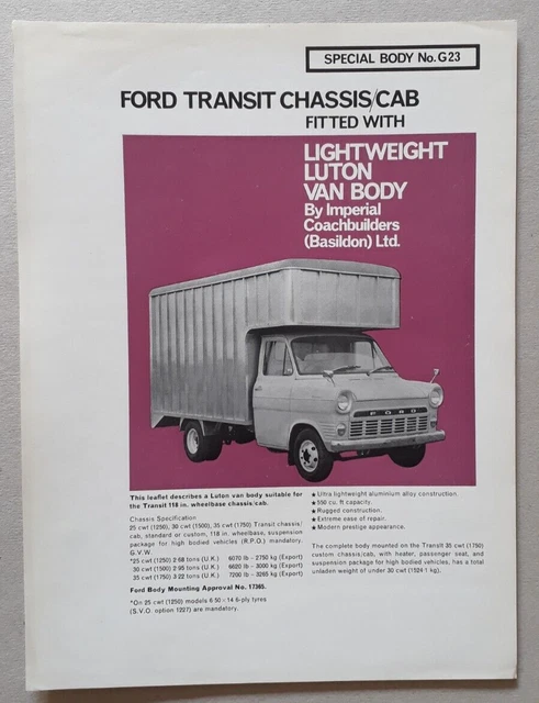 FORD TRANSIT LUTON Van Brochure / Leaflet - G23 Special Body £7.99 ...