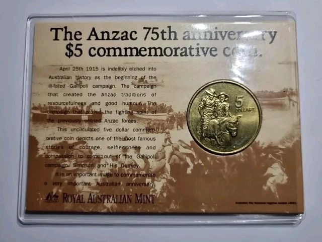 1990 AUSTRALIA ANZAC 75TH Anniversary $5 Coin Uncirculated on Card EUR ...
