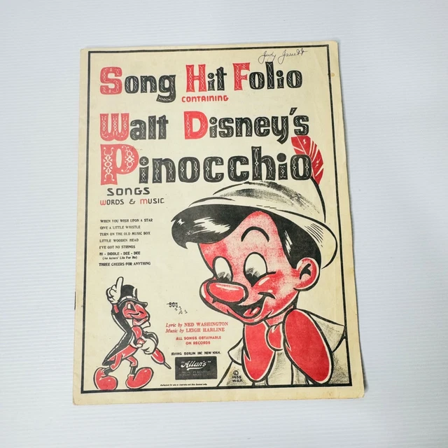 VINTAGE WALT DISNEY'S Pinocchio Song Hit Folio - Words & Music $75.00 ...