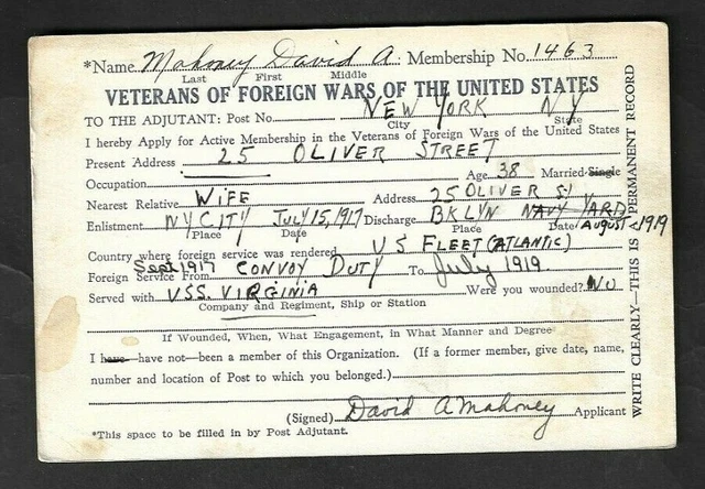 WW1 U.S.S. Virginia Veteran's VFW Application Card $1.99 - PicClick