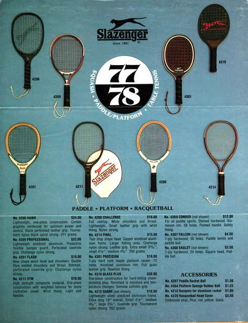 VINTAGE 1978 SLAZENGER Racquetball Table Tennis Squash Racquet Catalog ...