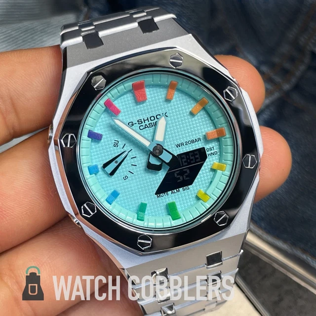 CUSTOM TIFFANY BLUE Waffle & Rainbow Casio G-Shock Silver Steel Casioak ...