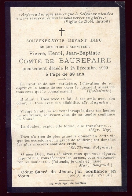 FAIRE-PART DE DÉCÈS de Mr. Pierre Henri Jean-Baptiste Comte de Beaurepaire EUR 11,90 - PicClick FR