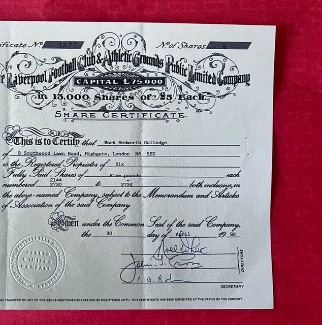 LIVERPOOL FC SHARE Certificate signed Bill Shankly’s sec. P Robinson ...
