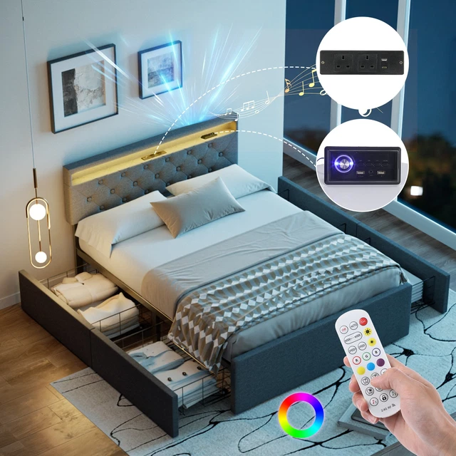 4FT6 OTTOMAN STORAGE Bed Frame With Usb Port & Led Light & Bluetooth ...