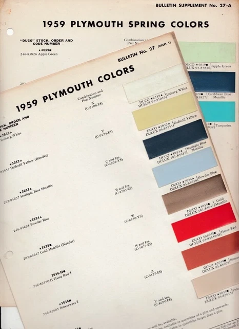 1959 PLYMOUTH COLOR Chart DUPONT DULUX DUCO - SPORT FURY BELVEDERE ...