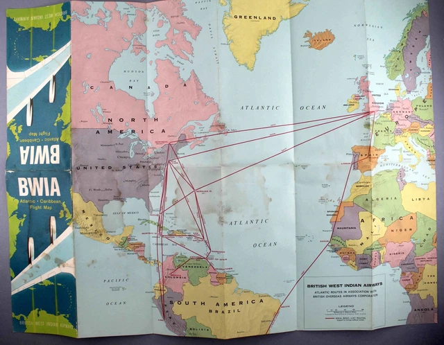 BWIA VINTAGE AIRLINE Route Map British West Indian Airways Bewee Boac ...