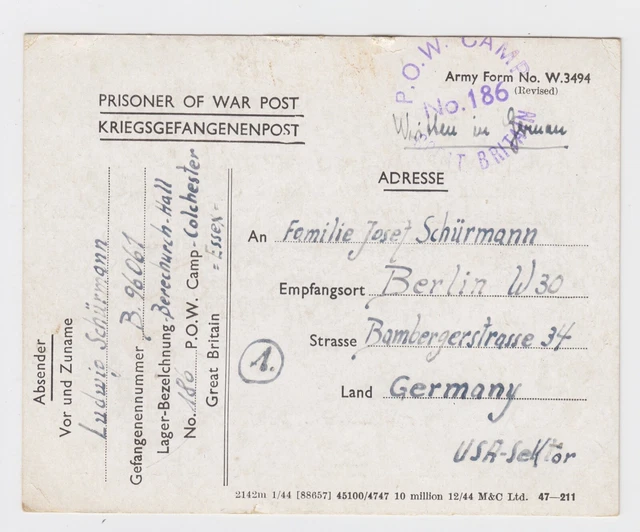 WW2 RETAINED PRISONER War Card 1946 POW Camp 186 Berechurch Hall Camp ...