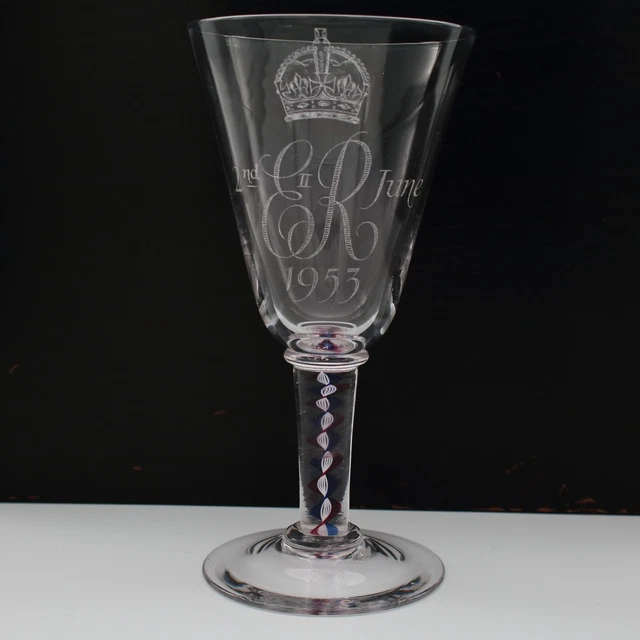WHITEFRIARS GLASS GOBLET Queen Elizabeth II Coronation 1953 Twist Stem ...