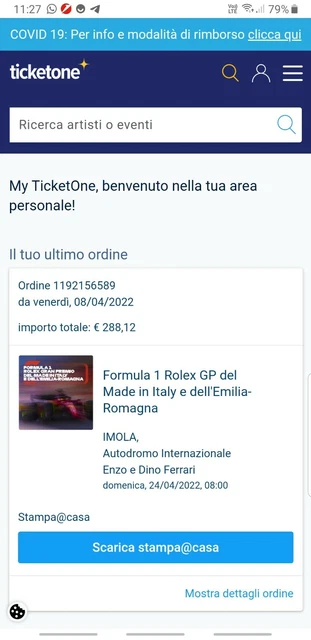 BIGLIETTO GRAN PREMIO formula 1 imola 24 aprile prato rivazza EUR 130 ...