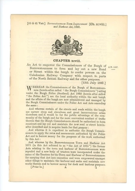 ANTIQUE ACT OF Parliament Burgh of Borrowstounness New Road 1897 ...