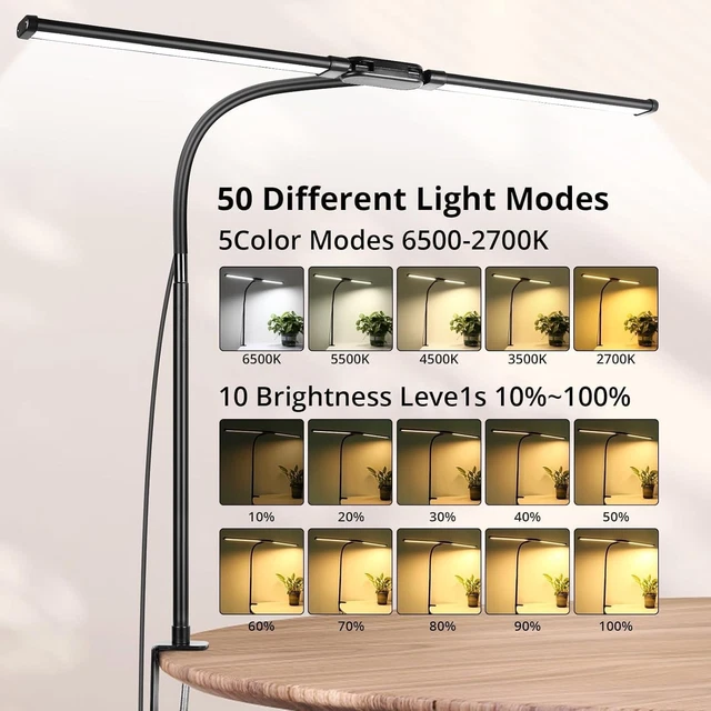 DESK LAMP WITH Clamp, with 5V 2A Adapter, LED Desk Lamp with Dual Head ...