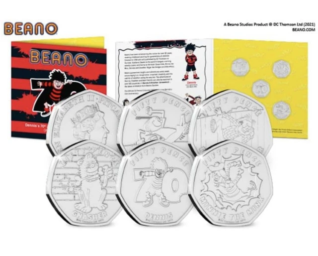 WORLD FIRST 2021 Beano Comic Dennis the Menace 50p coin Set 5 x 50p ...