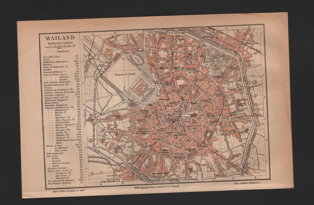 LANDKARTE CITY MAP pianta della città 1888: Stadtplan MAILAND. Milano ...