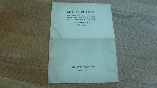 1936 MAY ORIGINAL Gpo List Of Charges Telephone Calls Prospect Exchange ...