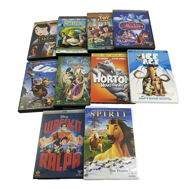 DVD LOT OF 10 Assorted Rated G/PG Toy Story Shrek Ice Age Mulan Aladdin ...