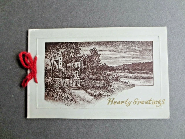 VINTAGE CHRISTMAS CARD Hearty Greetings Rural Church Scene Countryside ...