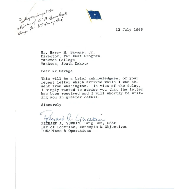 US AIR FORCE Official Letterhead Memo Brig Gen Richard A. Yudkin 1966 ...