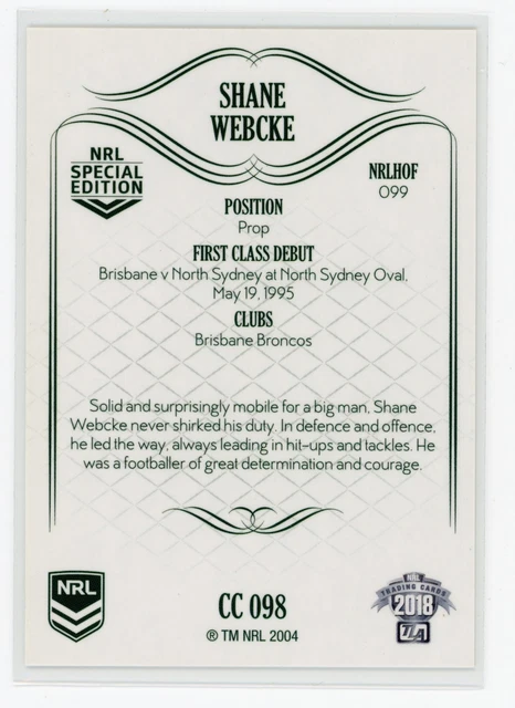 2018 GLORY SHANE Webcke (Broncos) Charter Class NRL Card # CC098. $8.99 ...