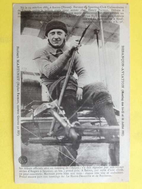CPA BESANÇON AVIATION 1911 le PERUVIEN Robert MARTINET Rugby BIPLAN ...