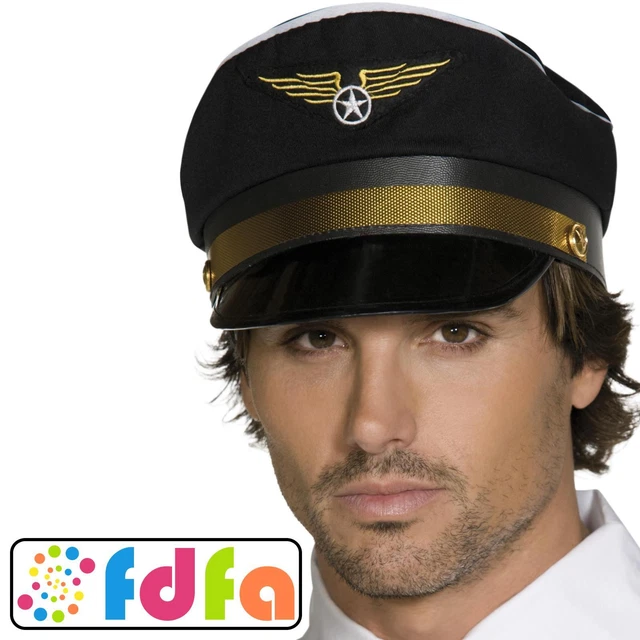 SMIFFYS PILOTS CAP Black Uniform Airline Hat Mens Adults Fancy Dress £9 ...