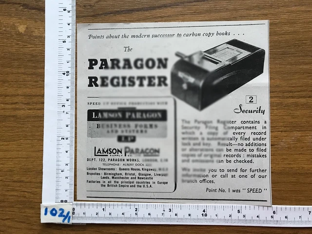 THE LAMSON PARAGON Register Carbon vintage press advert 1946 £3.25 ...
