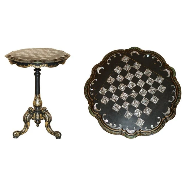 ANTIQUE VICTORIAN 1860 Black Lacquer Mother Of Pearl Chess Tilt Top ...