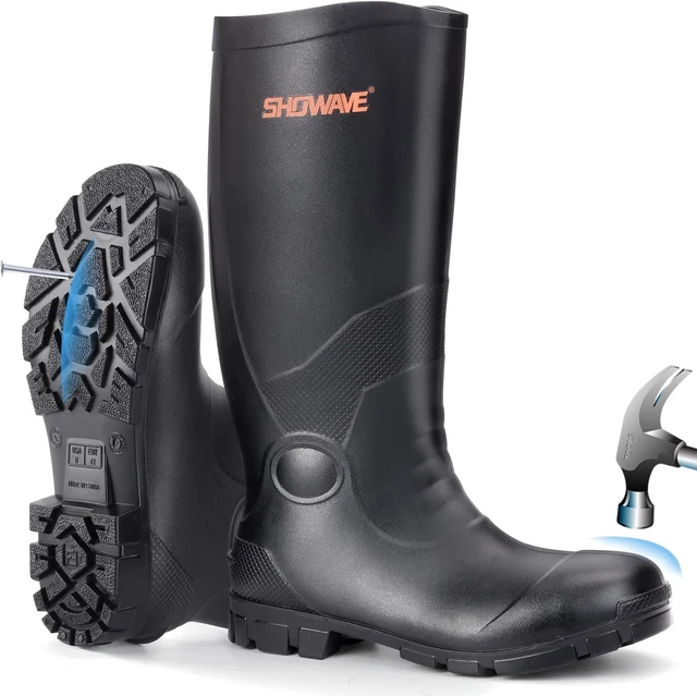 SHOWAVE STEEL TOE Rubber Work Boots for Men Waterproof Durable Concrete ...