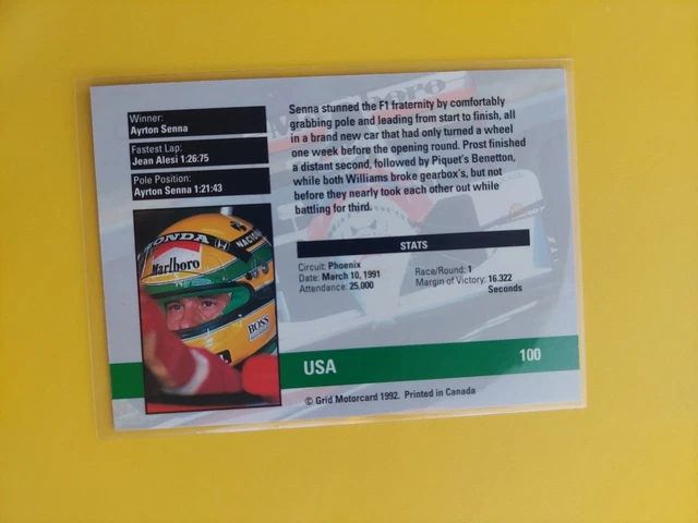 AYRTON SENNA F1 Grid Formula One 1992 Card Excellent Condition Brazil ...