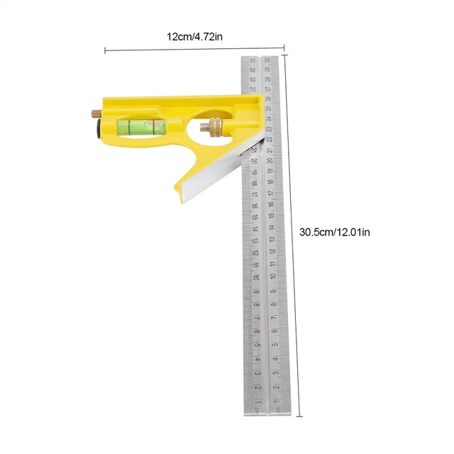 (YELLOW)300MM METAL ADJUSTABLE Combination Square Right Angle Ruler ...
