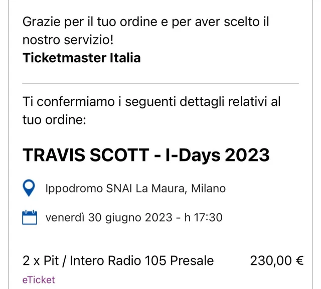 BIGLIETTI TICKET PIT Travis Scott Milano 30/06/2023 EUR 400,00 ...