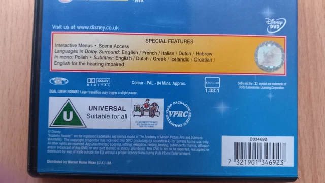 DISNEY'S PINOCCHIO DVD (2000) Ben Sharpsteen, Luske (DIR) Cert U Region ...