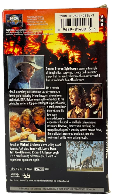 JURASSIC PARK 1993 VHS Sam Neill, Laura Dern, Jeff Goldblum, Dinosaurs ...