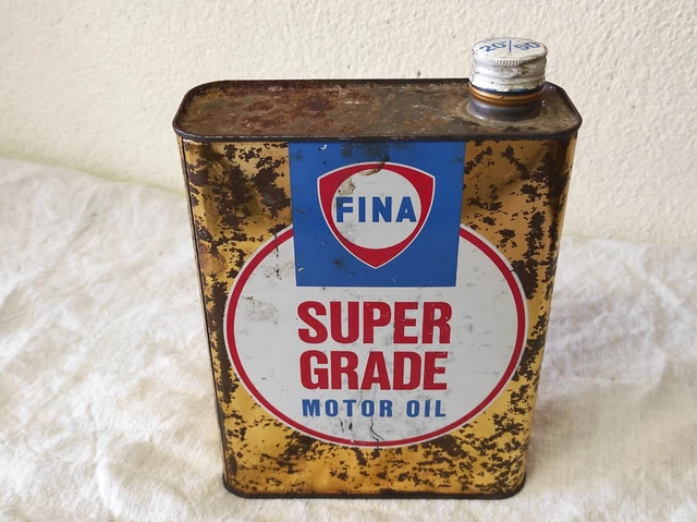 ANCIEN BIDON D'HUILE en métal FINA Super Grade motor oil 20/50 2 litres ...