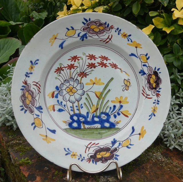 FAÏENCE DE DELFT plat XVIIIème siècle BEAU décor POLYCHROME fleuri D ...