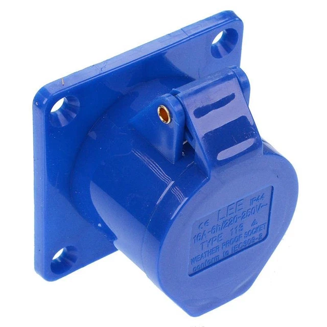 BLUE 16A 230V Socket Outlet 2P+E Industrial Panel Mount IP44 £17.99 ...