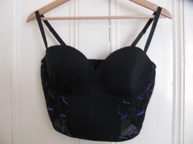 DEBENHAMS BLACK & Purple Embroidered Padded Seamfree Cups Basque Top ...