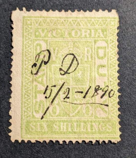 OLD VICTORIA PRE Decimal State Stamp 6 Shillings Apple Green Stamp Duty ...