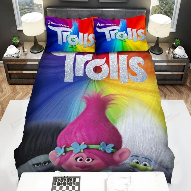 TROLLS CHARACTERS IN Rainbow Background Quilt Duvet Cover Set Doona ...