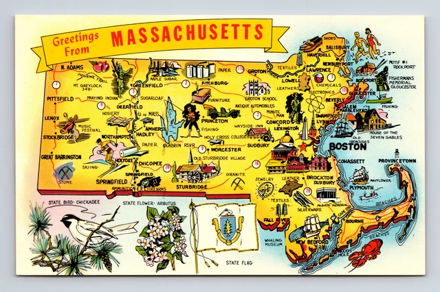 PICTORIAL STATE MAP Bird Flower Flag Greetings From Massachusetts MA ...