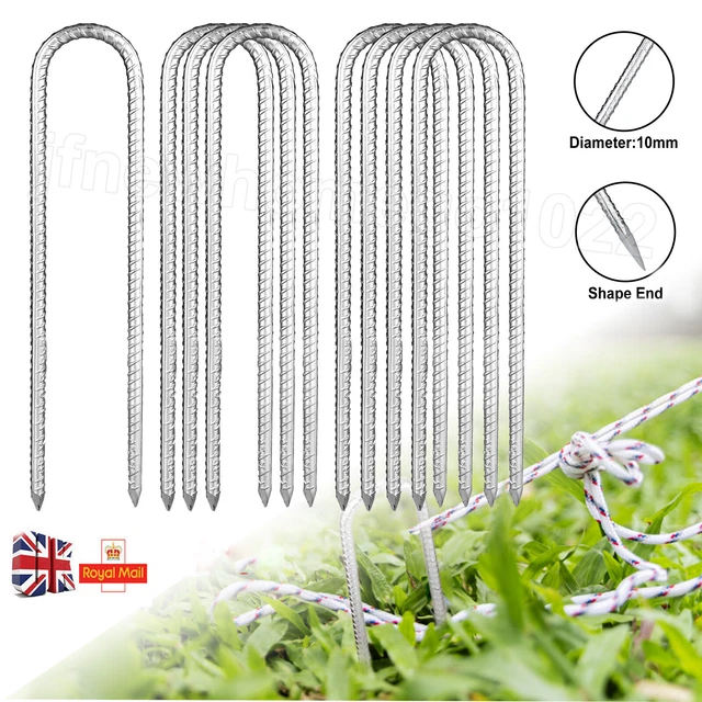 4-100PACK HEAVY DUTY 300mm Galvanised Steel Ground Stakes U Pin Pegs ...
