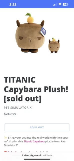 ROBLOX PSX PET Simulator X Titanic Capybara Plushie With Code - Roblox ...