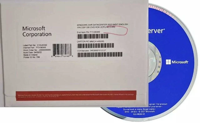 MICROSOFT WINDOWS SERVER 2022 datacenter 48 Core Unlimited Cals DVD ...