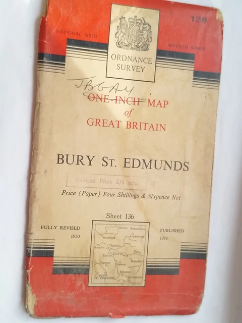 VINTAGE OLD 1960S Road Map Of England National GRID Sheet 136 Bury St ...