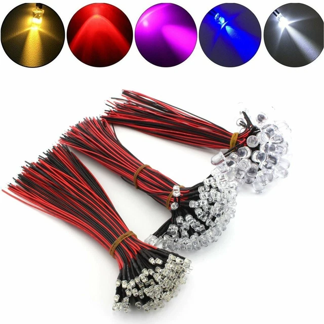 3MM/5MM/10MM LED LIGHTS Emitting Diode Pre-Wired 8"Line White Red DC 9V ...