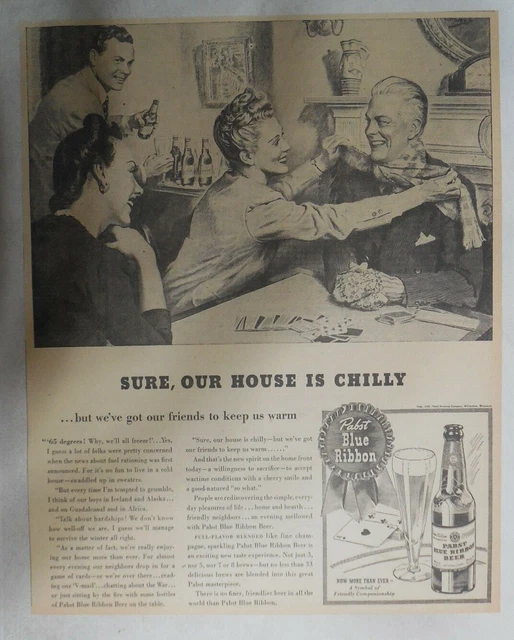 WORLD WAR TWO Ad: Pabst Blue Ribbon Beer Wartime ! 1943 Size: 12 x 14 ...